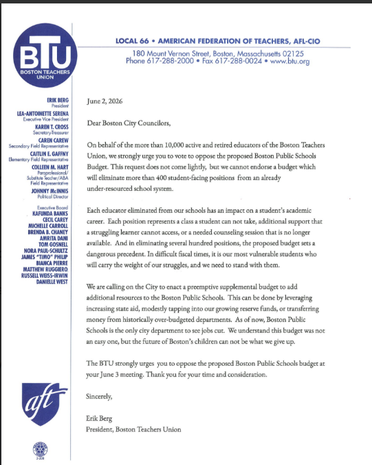 Boston Teachers Union Calls on City Council to Vote No on FY '27 Budget ...
